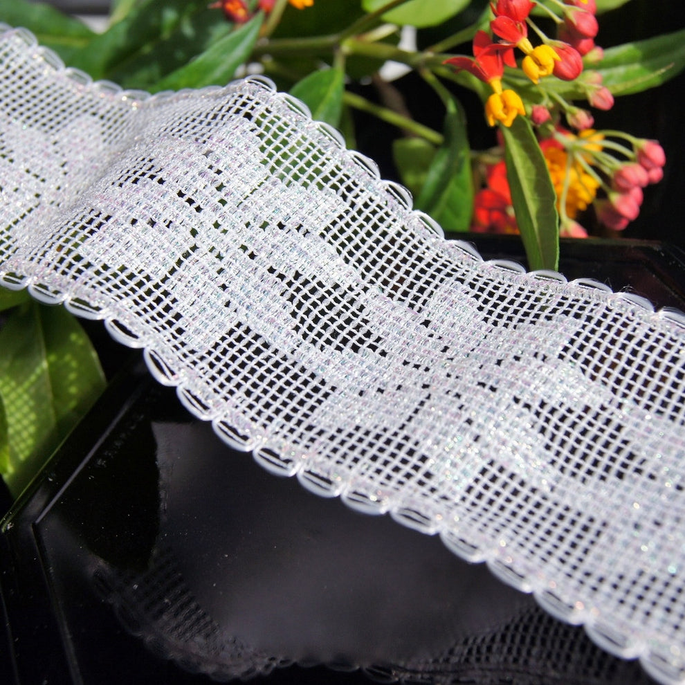2" Wire Edged Lace Trim - White Iridescent Snowflakes